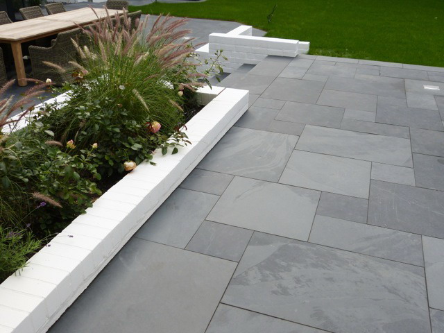 Grey Brazilian Slate Large Opus Pattern Cleft Tiles and flooring.